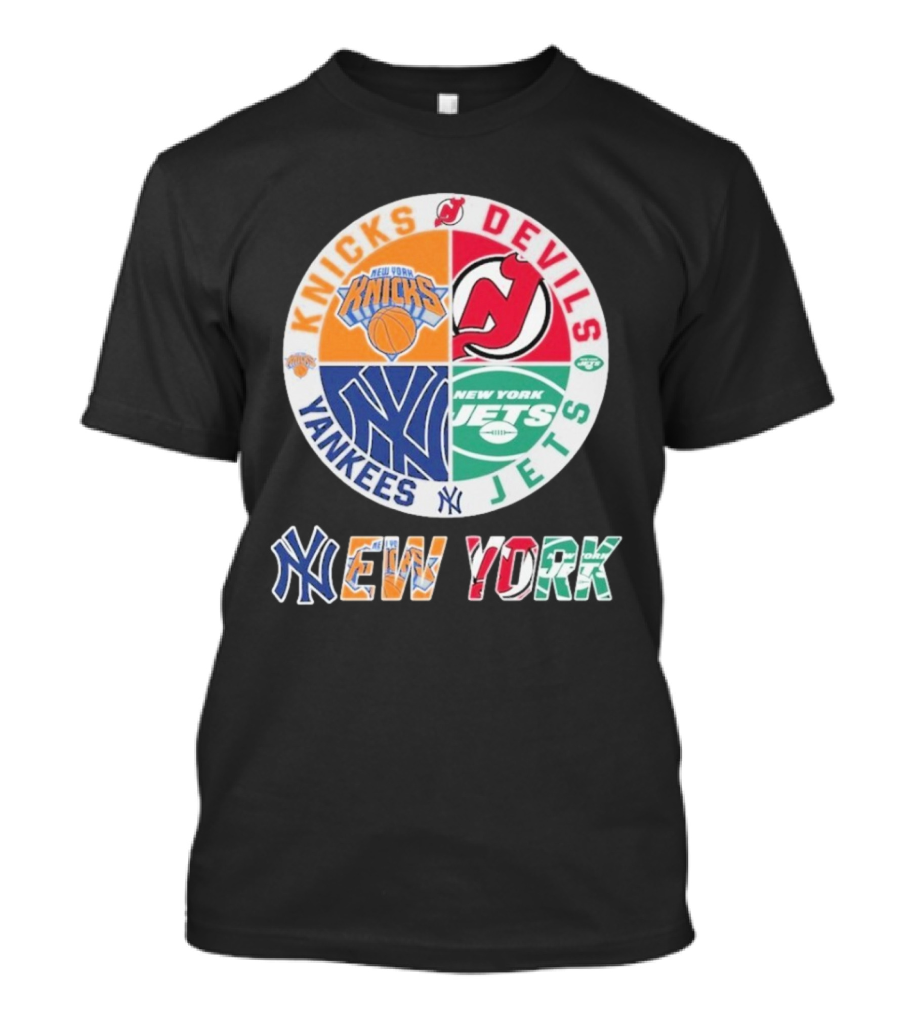 New York Knicks Yankees Jets Devils Circle New York T-Shirt