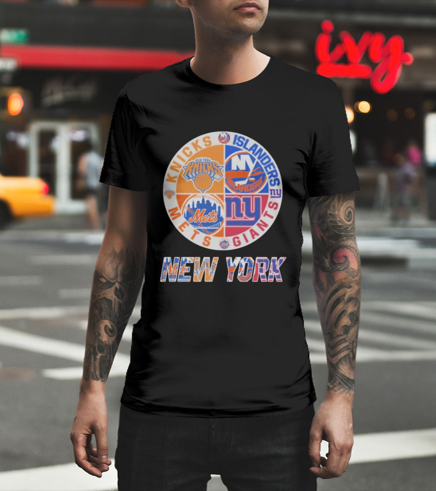 New York Knicks Mets Giants Islanders Logos Circle NYC Sports Teams T-Shirt