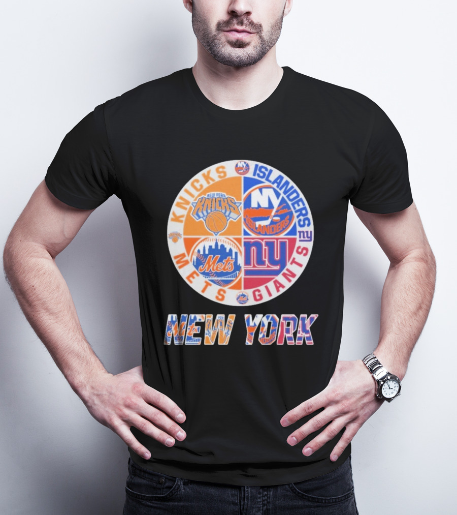 New York Knicks Mets Giants Islanders Logos Circle NYC Sports Teams T-Shirt
