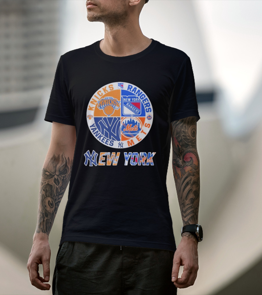 Knicks Rangers Yankees Mets New York Circle Logo Collaboration T-Shirt