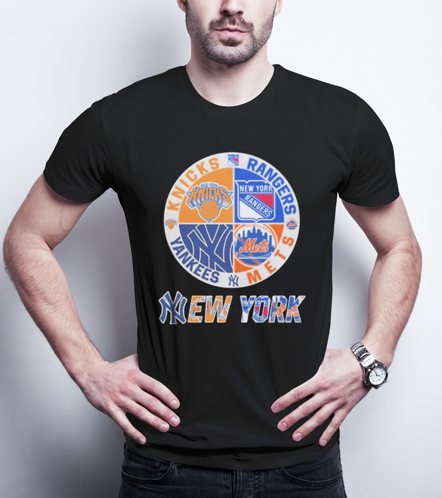 Knicks Rangers Yankees Mets New York Circle Logo Collaboration T-Shirt