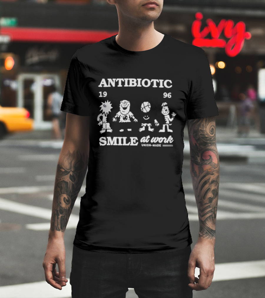 ANTIBIOTIC 1996 Union Made Smile At Work With Iconic Characters T-Shirt