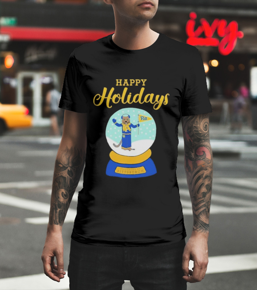 University Of Pittsburgh Pitt Roc Snow Globe Happy Holidays T-Shirt