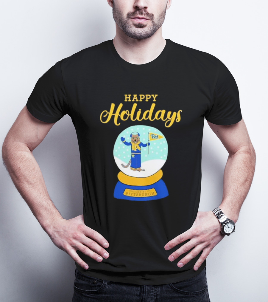 University Of Pittsburgh Pitt Roc Snow Globe Happy Holidays T-Shirt