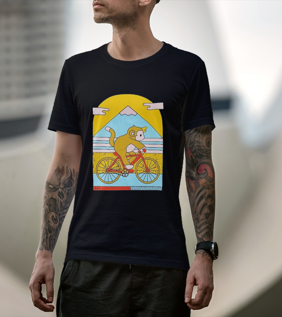 CDAWGVA Cycle Pullover Monkey Riding Bike With Mountain Background T-Shirt