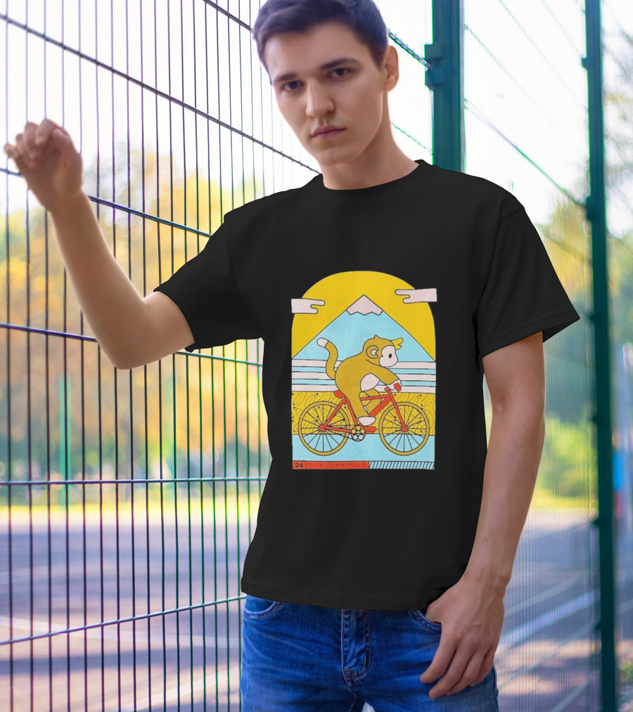 CDAWGVA Cycle Pullover Monkey Riding Bike With Mountain Background T-Shirt