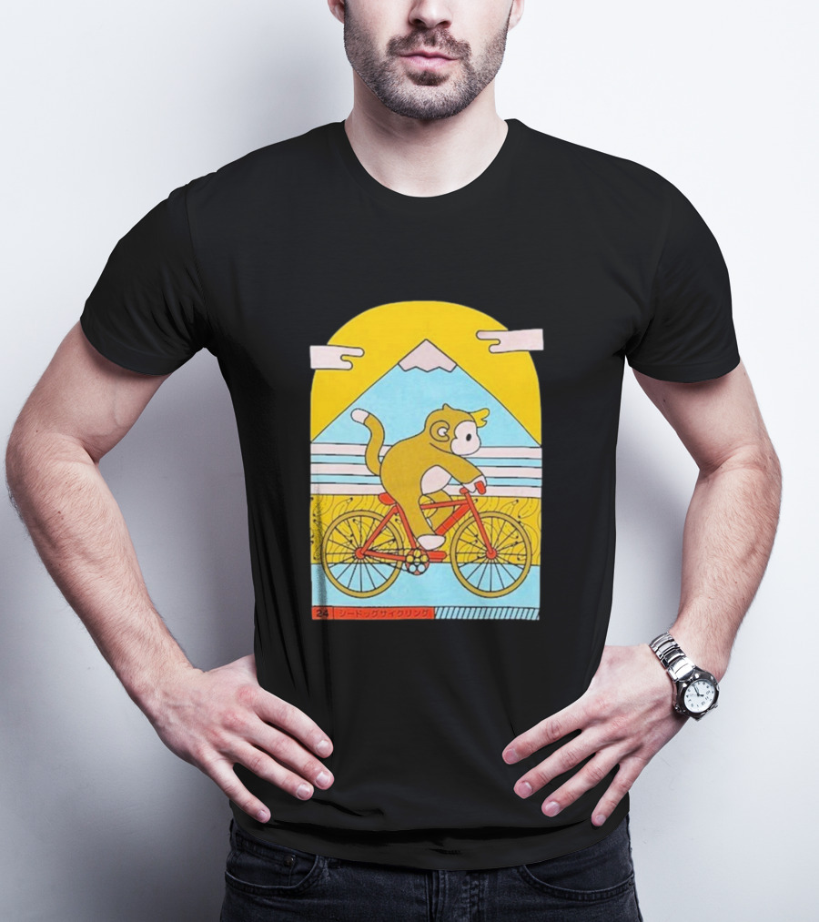 CDAWGVA Cycle Pullover Monkey Riding Bike With Mountain Background T-Shirt