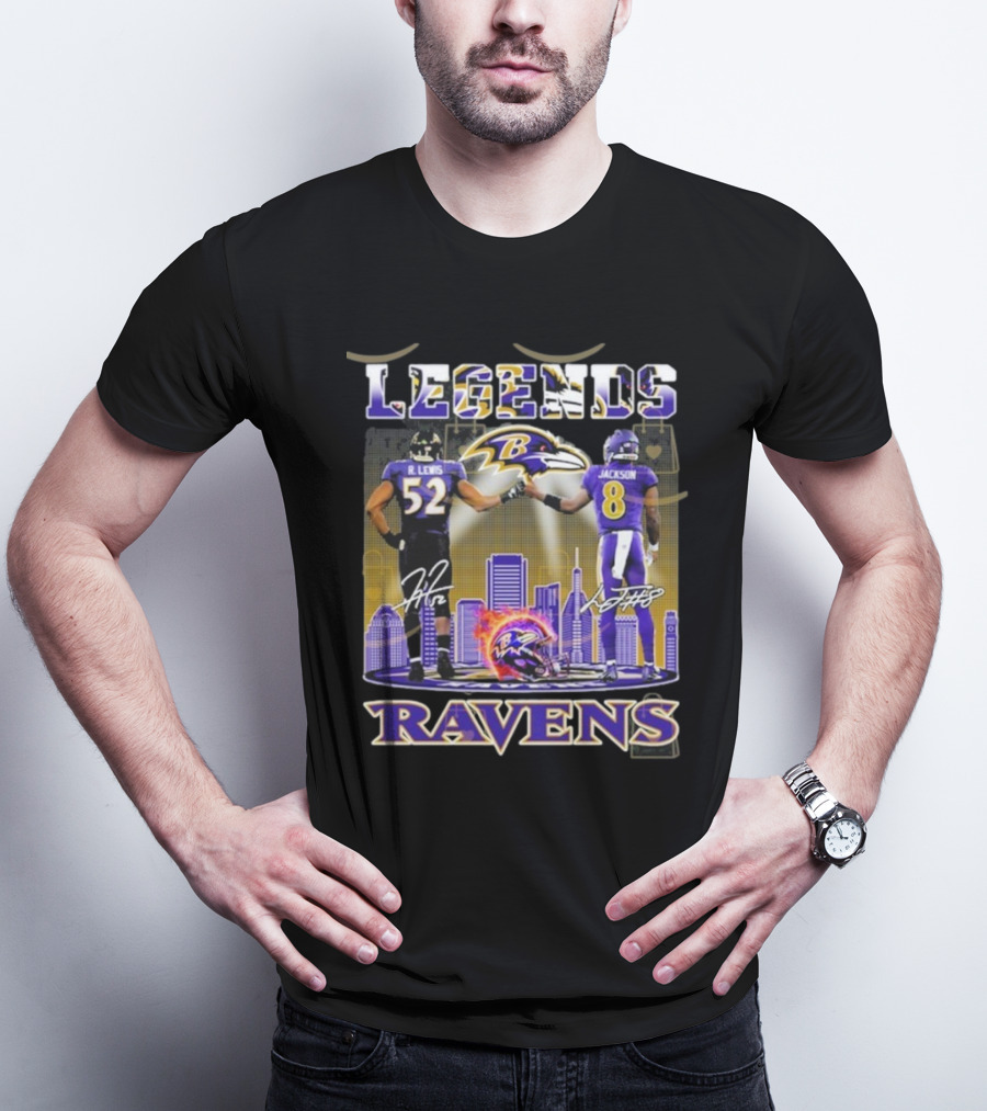 Baltimore Ravens Legends Ray Lewis 52 X Lamar Jackson 8 Signature T-Shirt