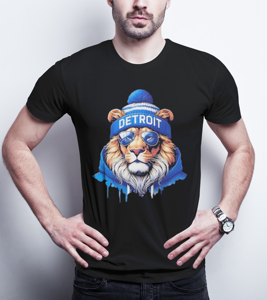 Detroit Lions Football 2025 New Season Cool Lion In Blue Beanie And Shades T-Shirt