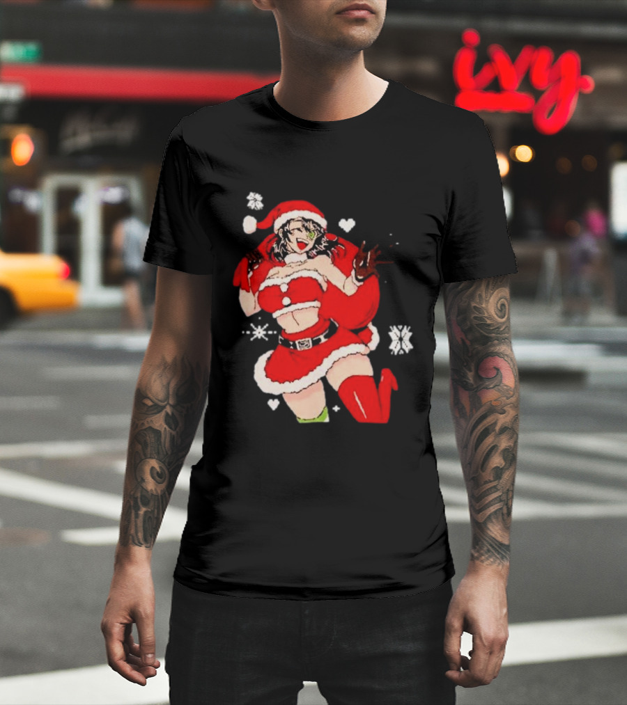 Supps Waifu Uwu Ugly Christmas Santa Anime Girl In Red Outfit With Snowflakes And Hearts T-Shirt