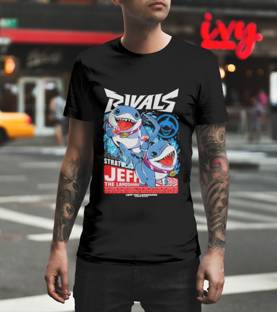 Rivals Stratbois Jeff The Land Shark Anime Style With Blue And Red Cartoon T-Shirt