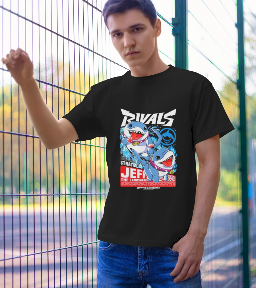Rivals Stratbois Jeff The Land Shark Anime Style With Blue And Red Cartoon T-Shirt
