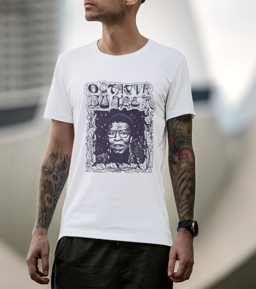 Octavia Butler Portrait With Leafy Cosmic Border T-Shirt
