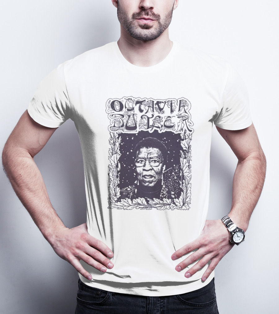 Octavia Butler Portrait With Leafy Cosmic Border T-Shirt