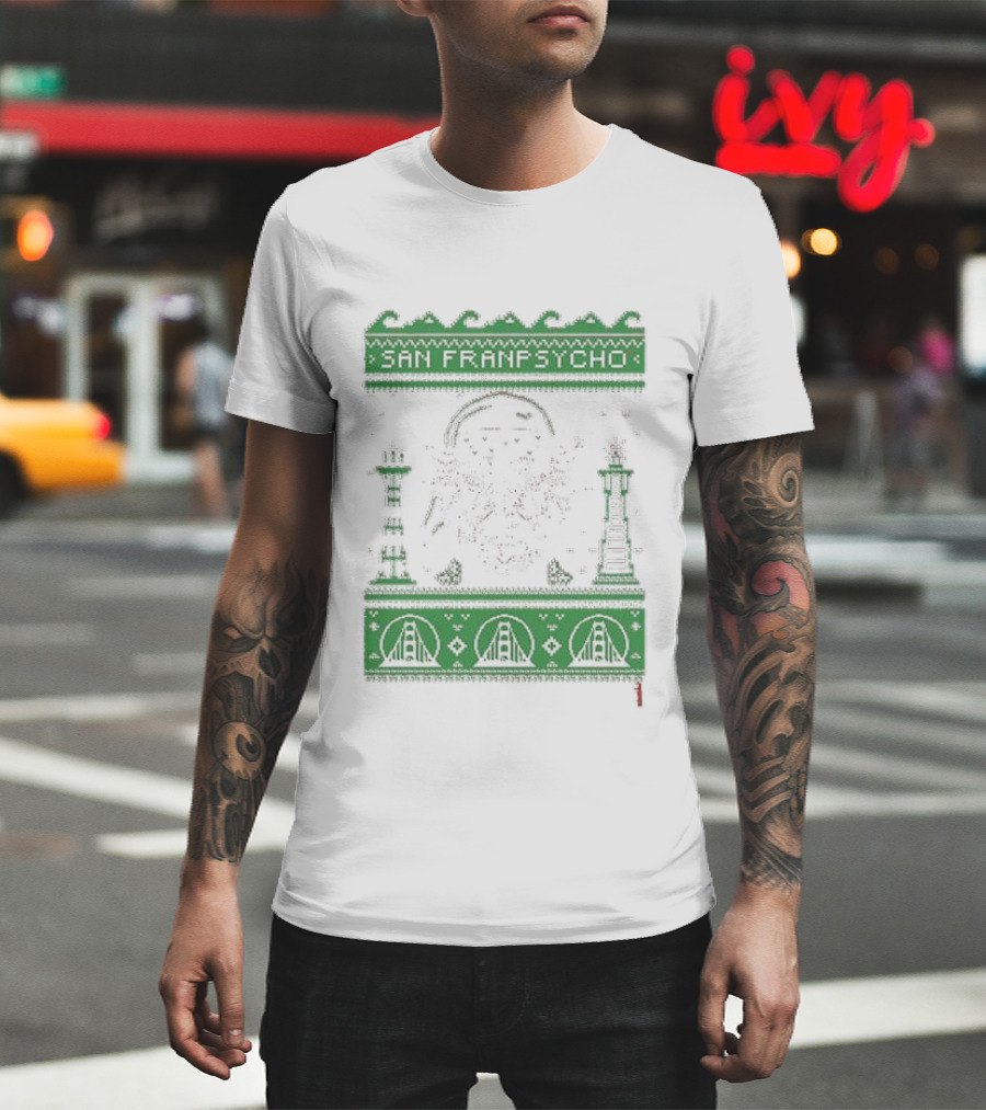 San Franpsycho Sfp Holiday Bridge Towers Snowflakes Green Holiday T-Shirt