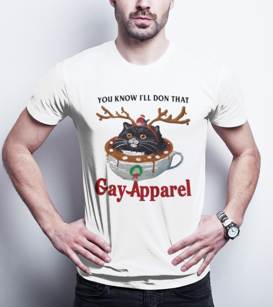 You Know I’ll Don That Gay Apparel Black Cat In Festive Antlers In Holiday Coffee Cup T-Shirt
