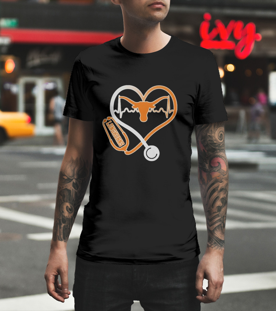 Texas Longhorns Caring Hearts Nurse Stethoscope Heartbeat T-Shirt