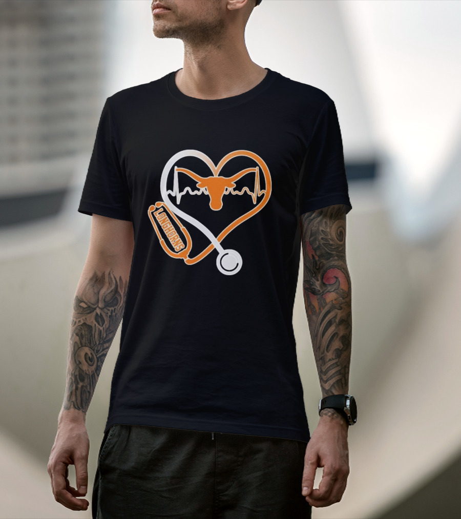 Texas Longhorns Caring Hearts Nurse Stethoscope Heartbeat T-Shirt