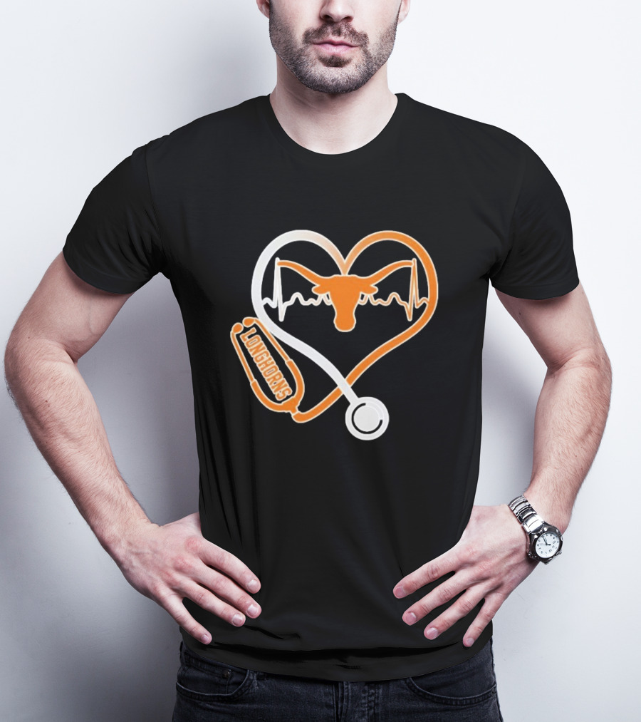 Texas Longhorns Caring Hearts Nurse Stethoscope Heartbeat T-Shirt