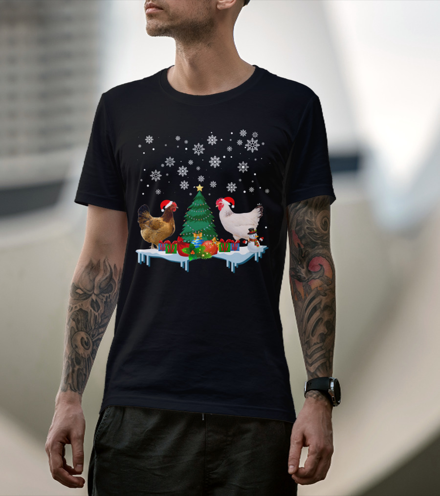Chicken Merry Christmas Snowflake Festive Scene T-Shirt