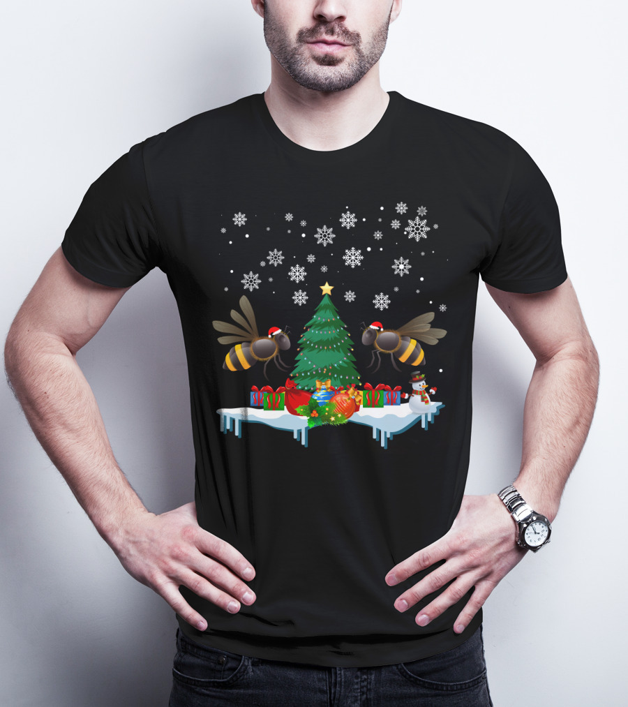 Bee Merry Christmas Tree Snowflakes Holiday Bees Santa Hats T-Shirt