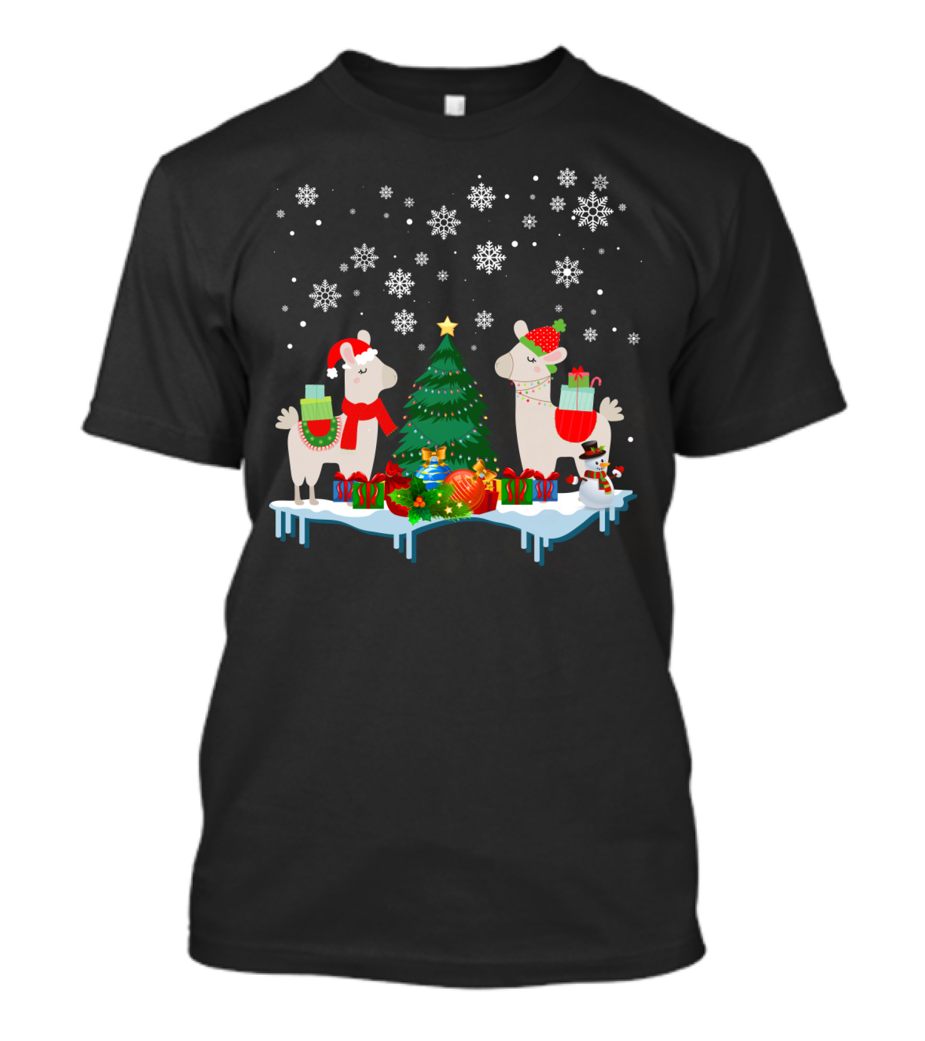 Llamas Merry Christmas Snowflakes Presents Tree T-Shirt