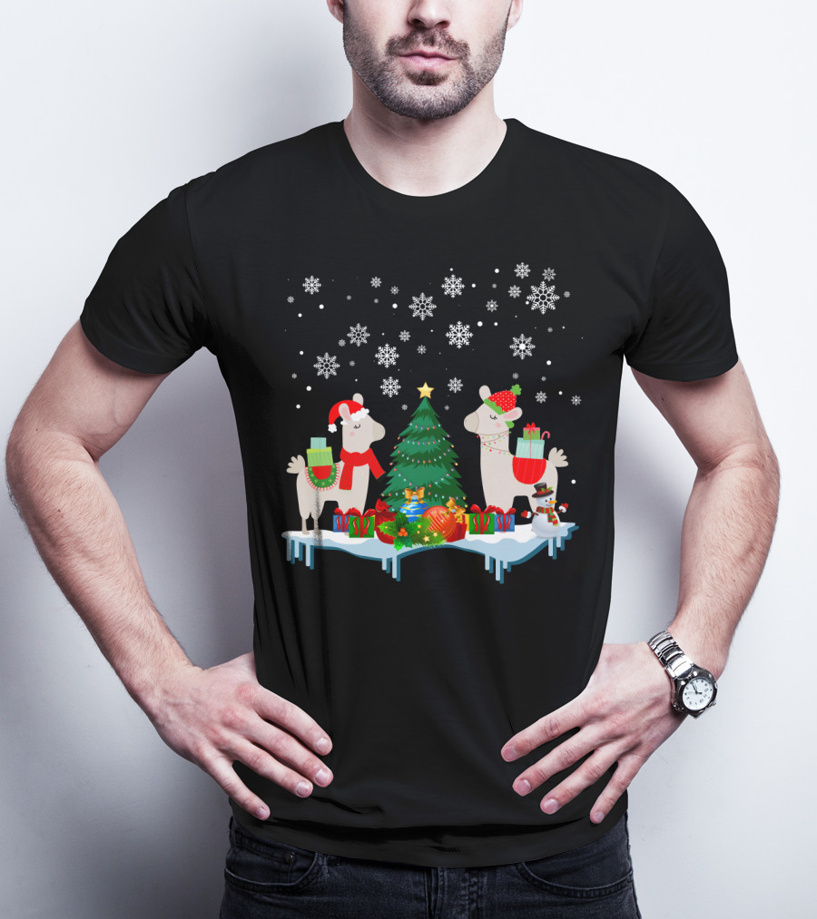 Llamas Merry Christmas Snowflakes Presents Tree T-Shirt