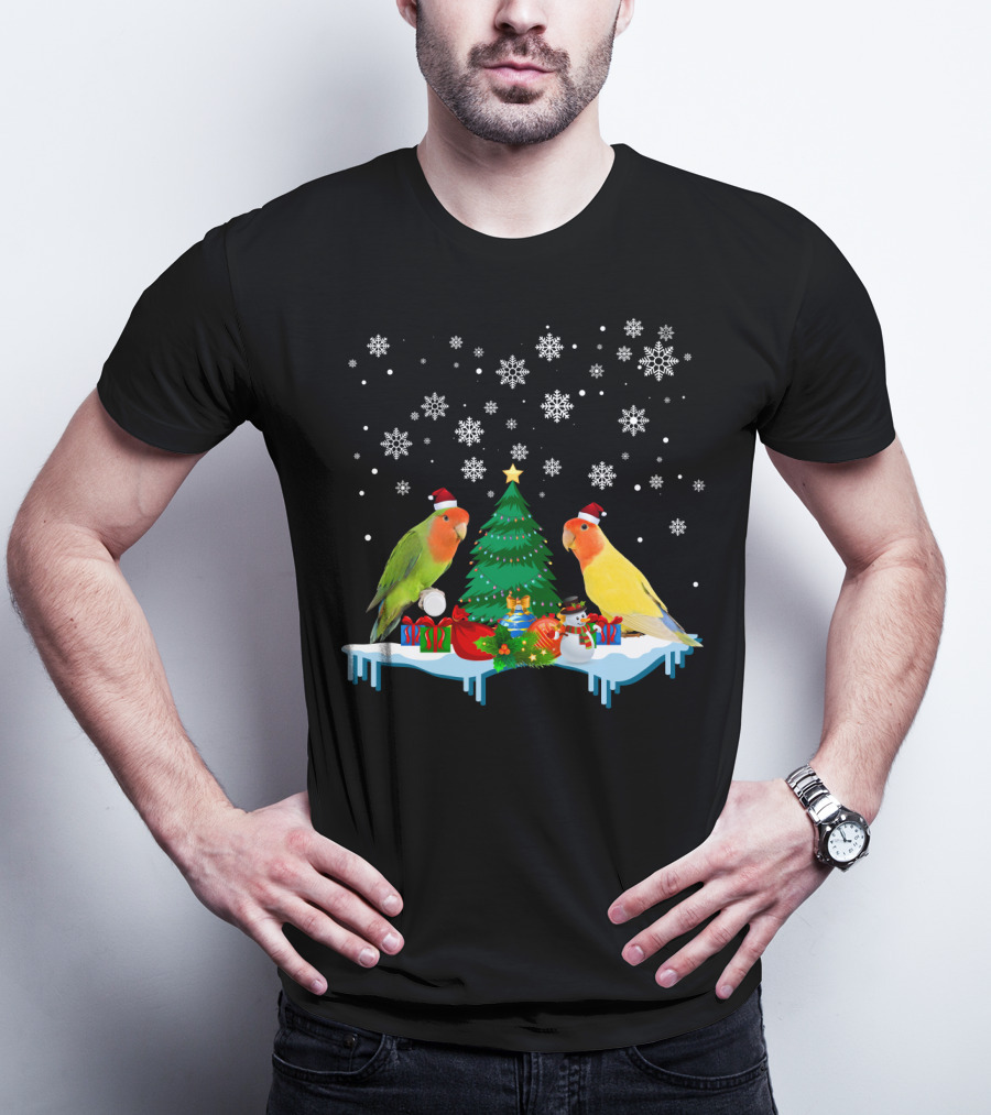 Lovebird Merry Christmas Snowflakes Tree Santa Hats T-Shirt