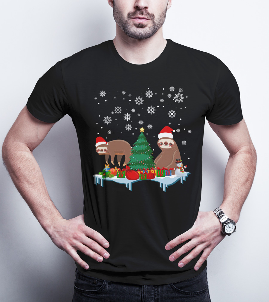 Sloth Merry Christmas Snowflakes Santa Hat Gifts Tree T-Shirt