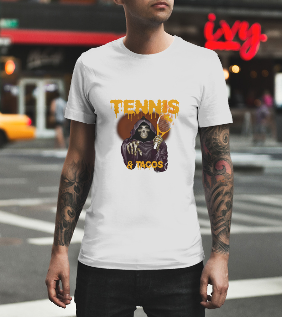 Tennis And Tacos Grim Reaper With Tennis Racket T-Shirt
