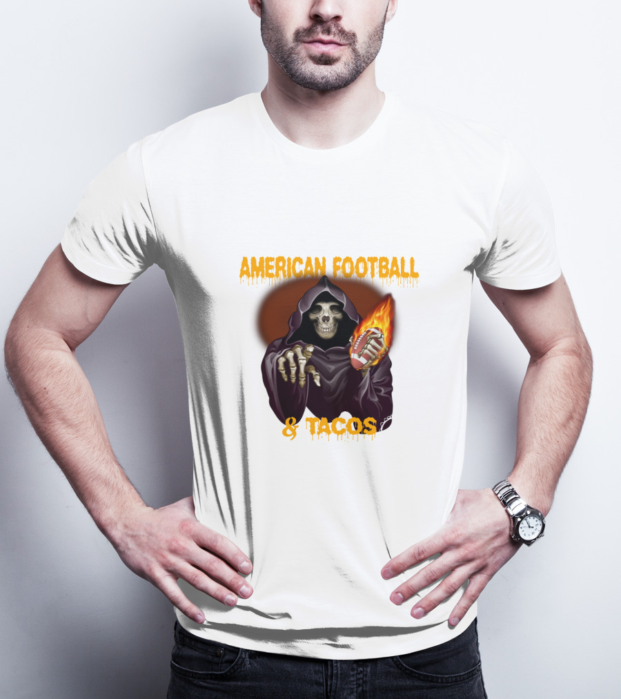 American Football And Tacos Skeleton Holding Flaming Football T-Shirt