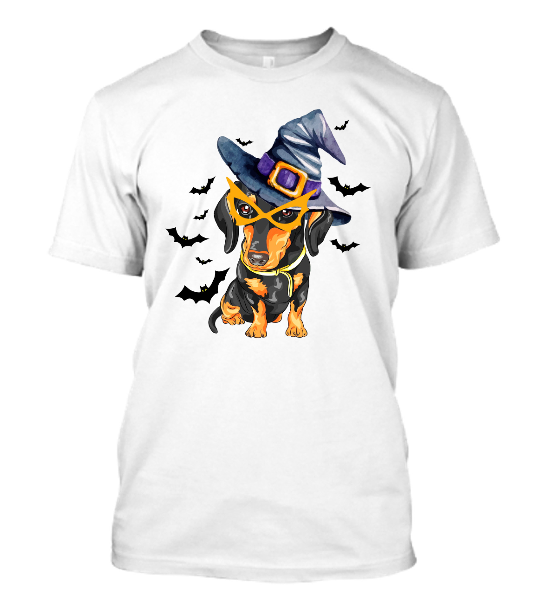Dachshund Wears Witch Hat And Glasses Surrounded By Bats T-Shirt