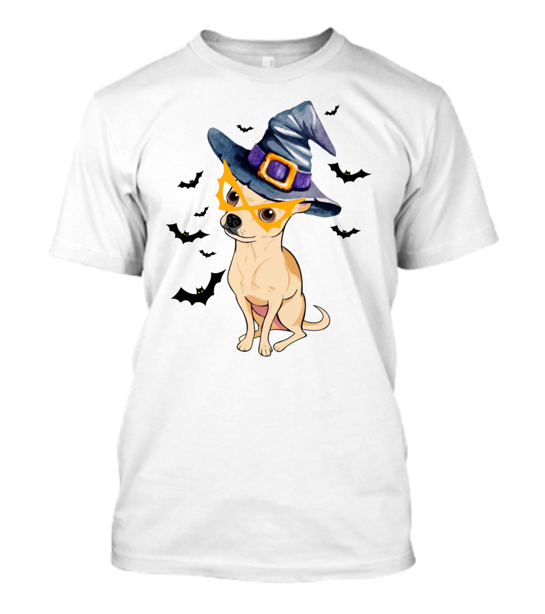 Chihuahua In Witch Hat With Halloween Bats T-Shirt