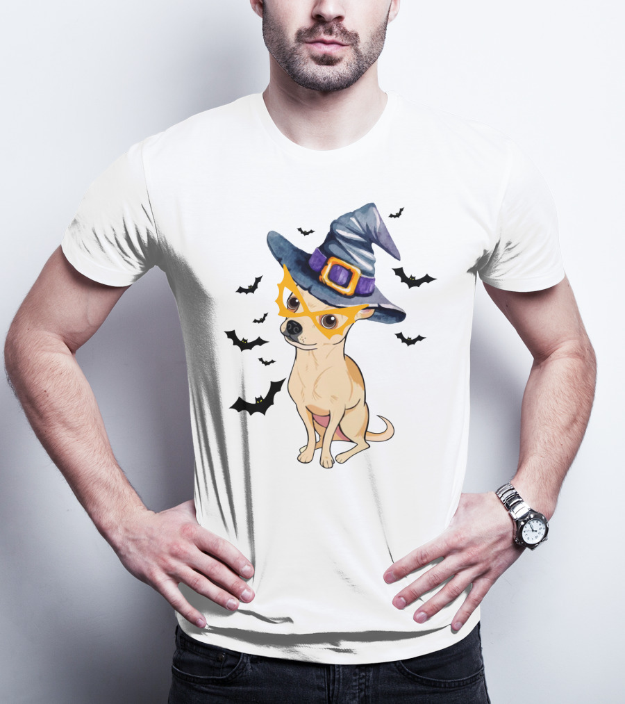 Chihuahua In Witch Hat With Halloween Bats T-Shirt