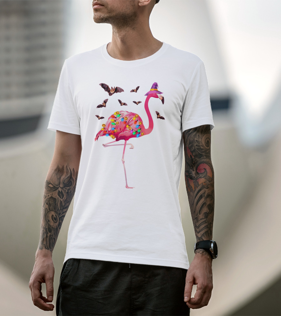 Flamingo In Witch Hat With Halloween Bats And Colorful Lights T-Shirt