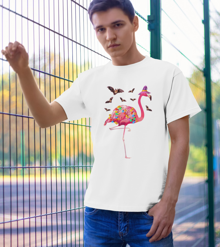 Flamingo In Witch Hat With Halloween Bats And Colorful Lights T-Shirt