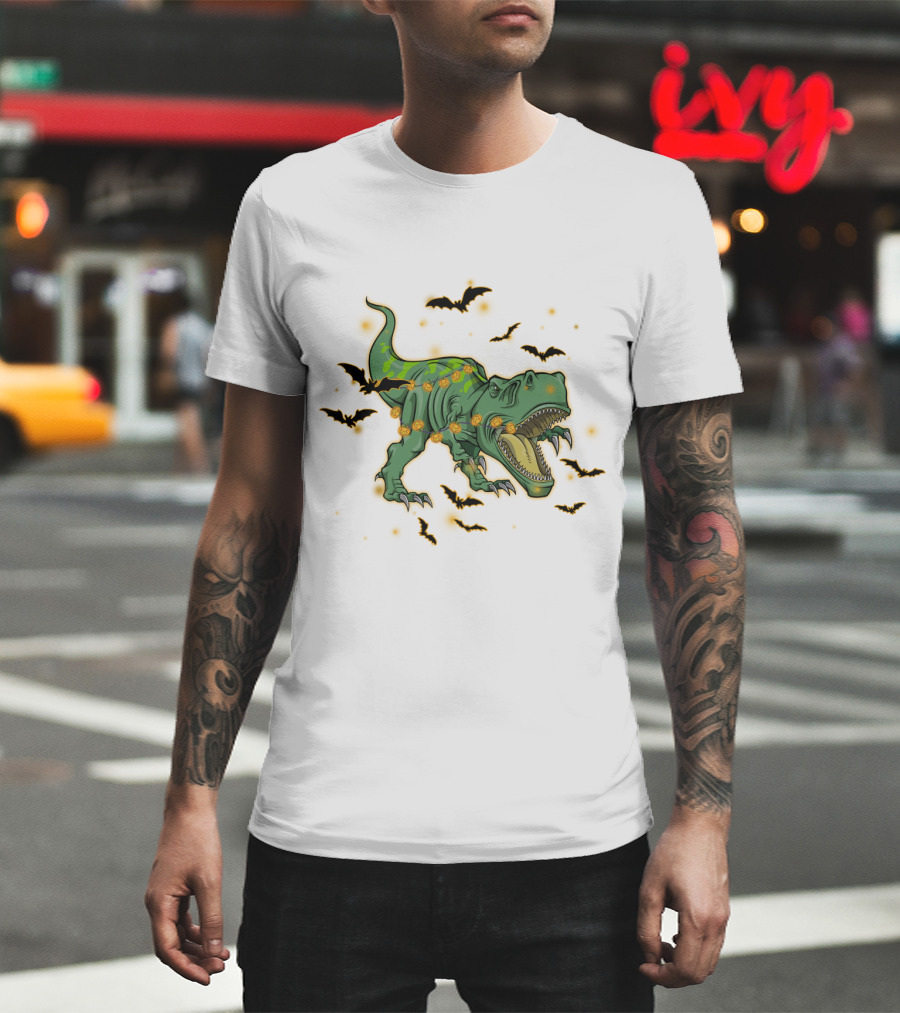 Halloween Saurus Dinosaur With Pumpkin Lights And Flying Bats T-Shirt