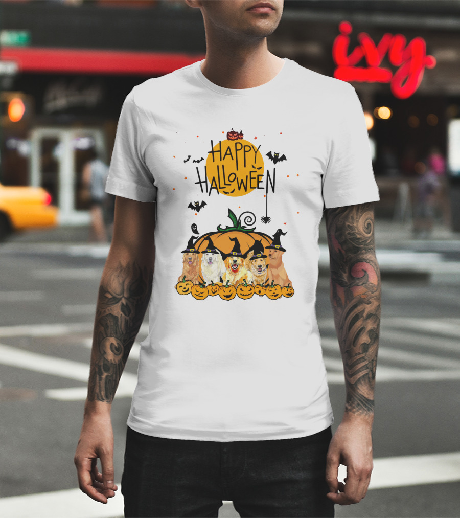 Happy Halloween Golden Retrievers In Witch Hats With Pumpkins T-Shirt