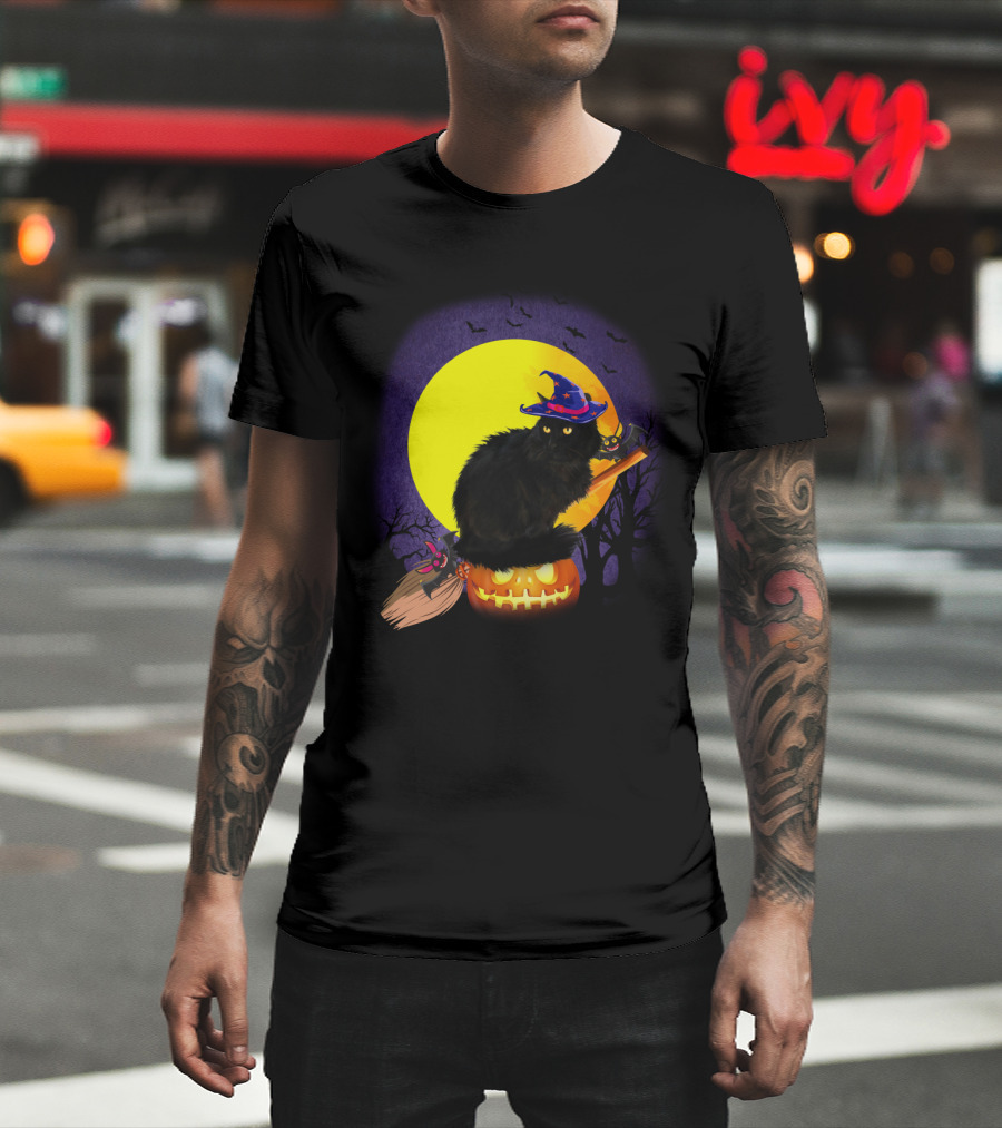 Halloween Cat With Witch Hat On Pumpkin And Broomstick T-Shirt