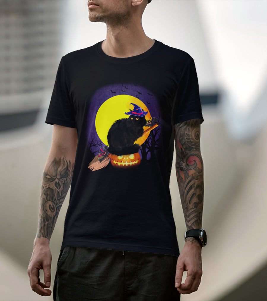 Halloween Cat With Witch Hat On Pumpkin And Broomstick T-Shirt