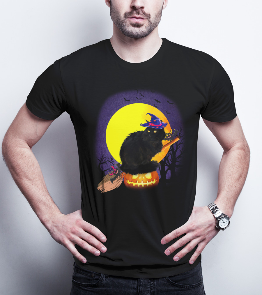 Halloween Cat With Witch Hat On Pumpkin And Broomstick T-Shirt