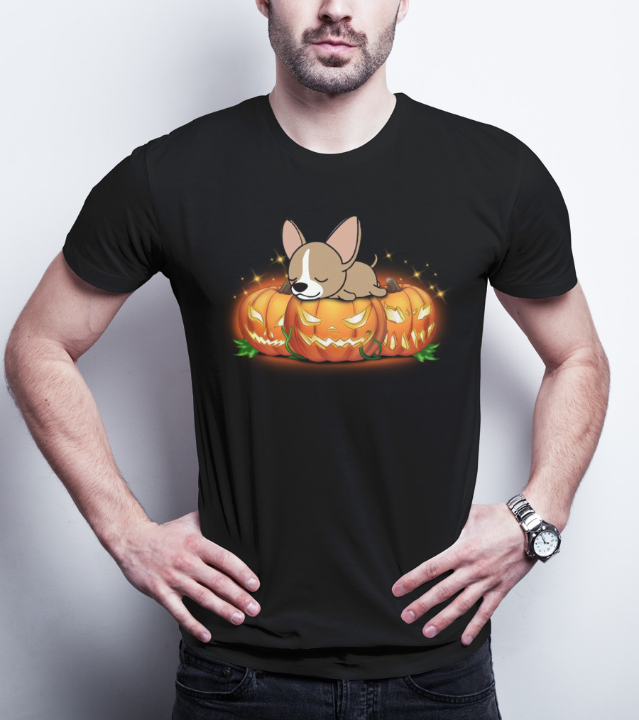 Chihuahua Sleeping On Halloween Pumpkins With Glowing Jack-O-Lanterns T-Shirt