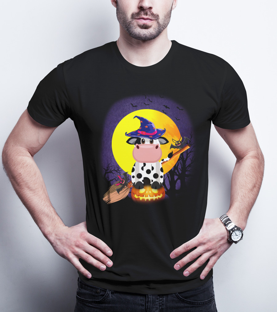 Cow Witch Spooky Halloween Full Moon Scene With Pumpkin And Broomstick T-Shirt