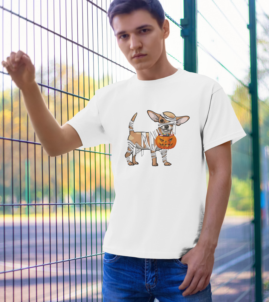 Halloween Wrapped Chihuahua With Pumpkin Bucket T-Shirt