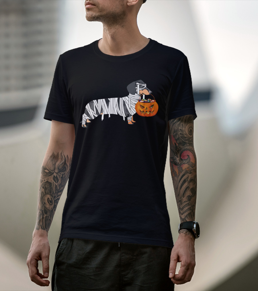 Halloween Pumpkin Mummy Dachshund With Trick-or-Treat Jack-o'-Lantern T-Shirt
