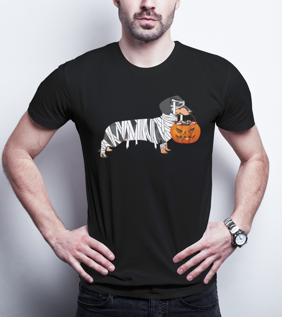 Halloween Pumpkin Mummy Dachshund With Trick-or-Treat Jack-o'-Lantern T-Shirt