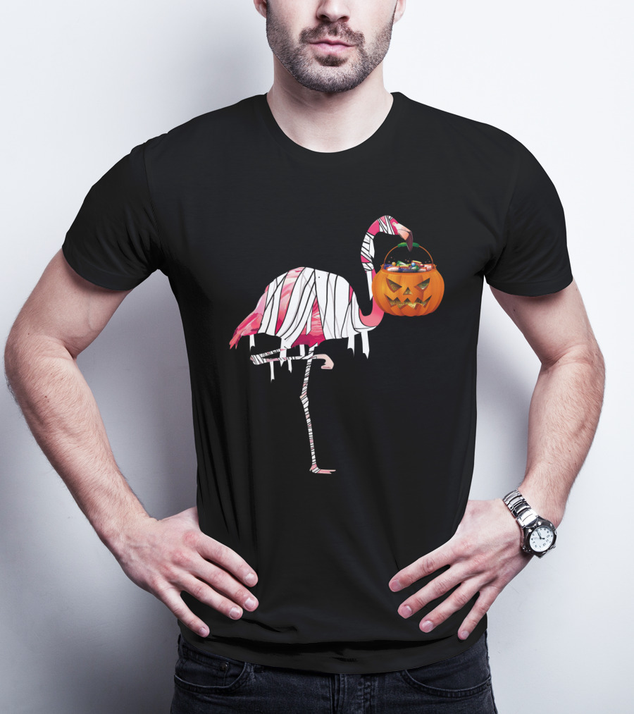 Halloween Pumpkin Mummy Flamingo Holding Candy Jack-o'-Lantern T-Shirt
