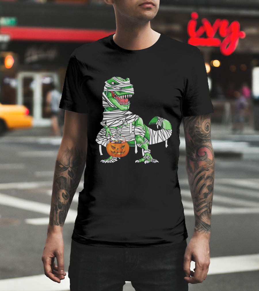 Halloween Pumpkin Mummy Dinosaur With Candy Bucket T-Shirt