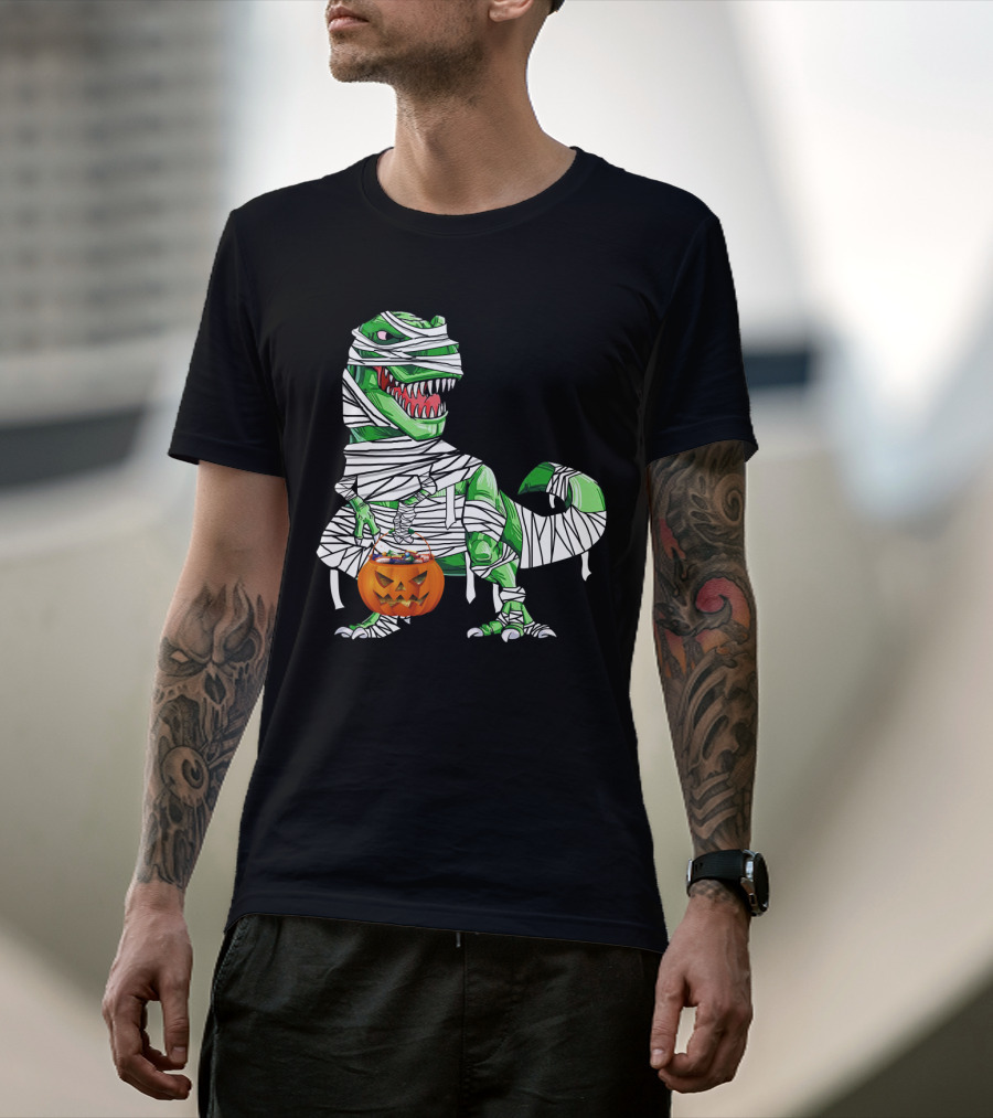 Halloween Pumpkin Mummy Dinosaur With Candy Bucket T-Shirt