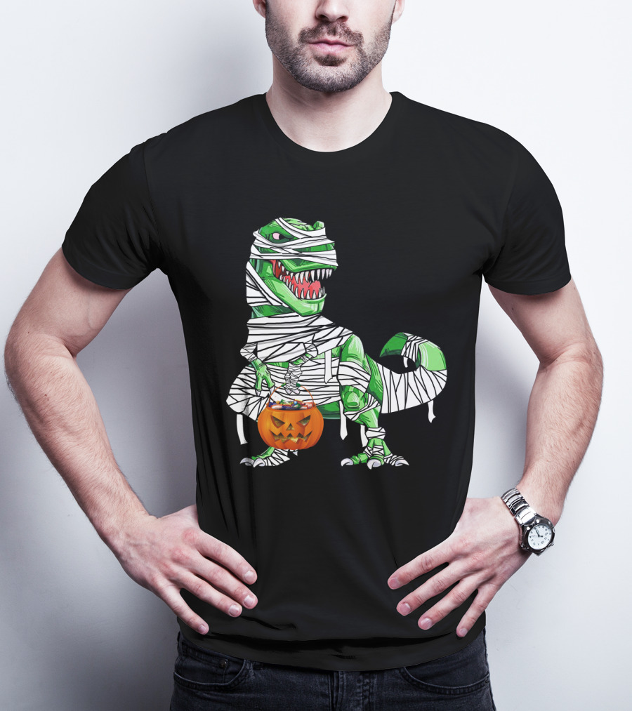 Halloween Pumpkin Mummy Dinosaur With Candy Bucket T-Shirt